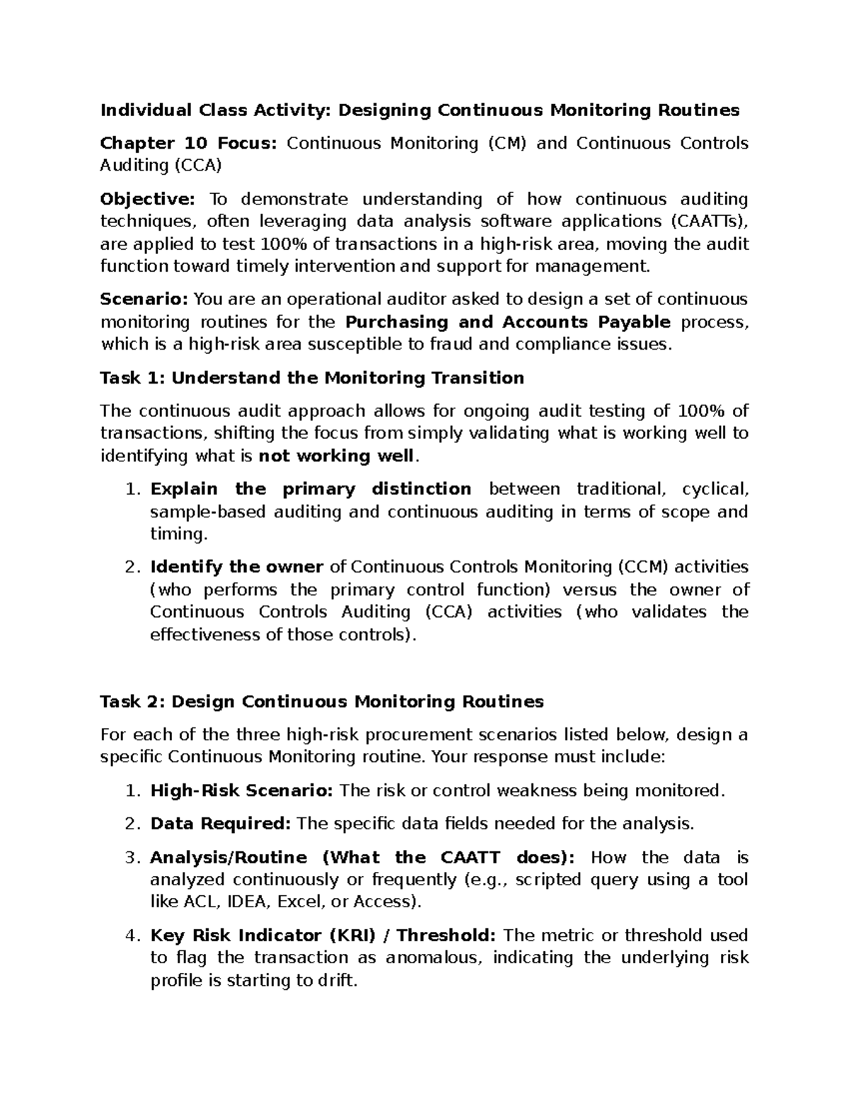 Individual Class Activity: Continuous Monitoring Routines Design ...