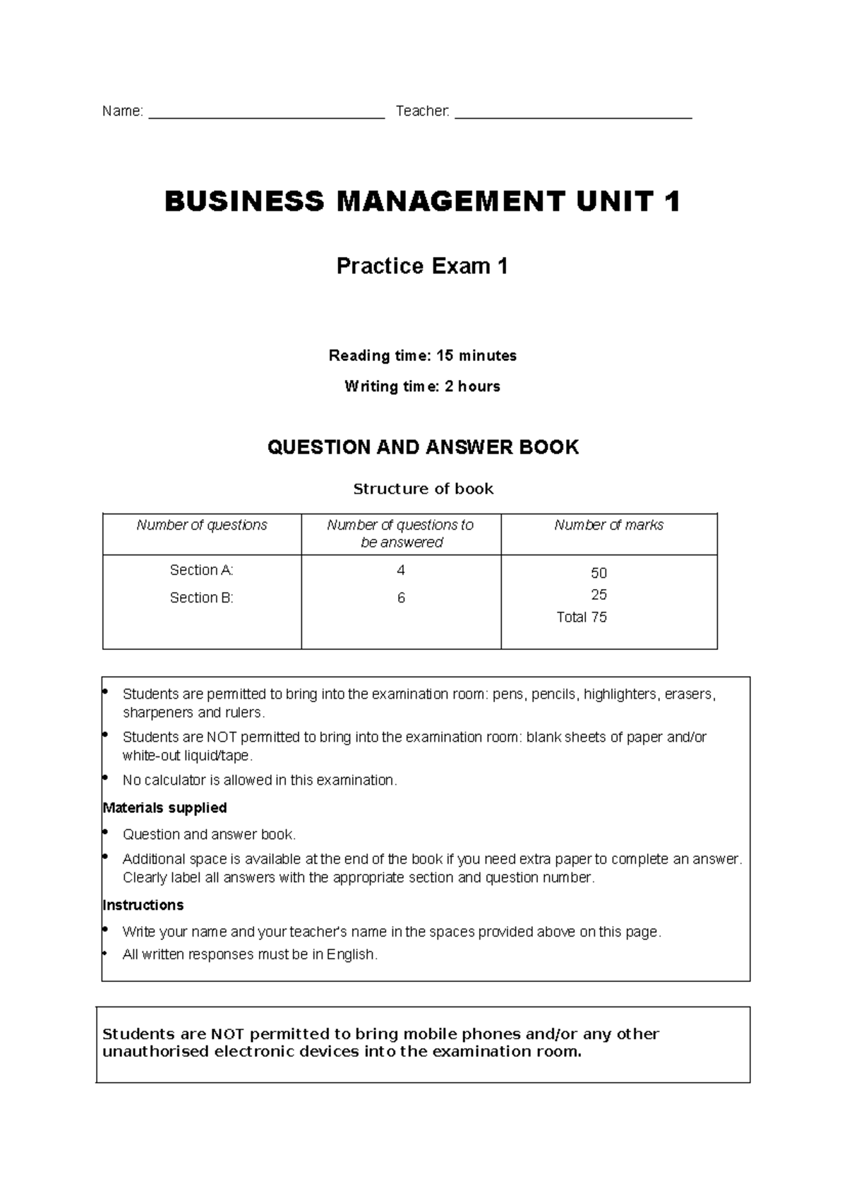 BUSINESS MANAGEMENT UNIT 1 Practice Exam 1 with Solutions - Studocu