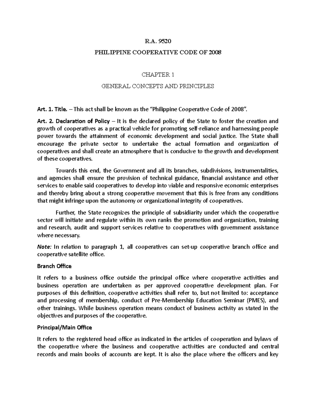 Chapter 1 (RA 9520) - Summary - R. 9520 PHILIPPINE COOPERATIVE CODE OF ...