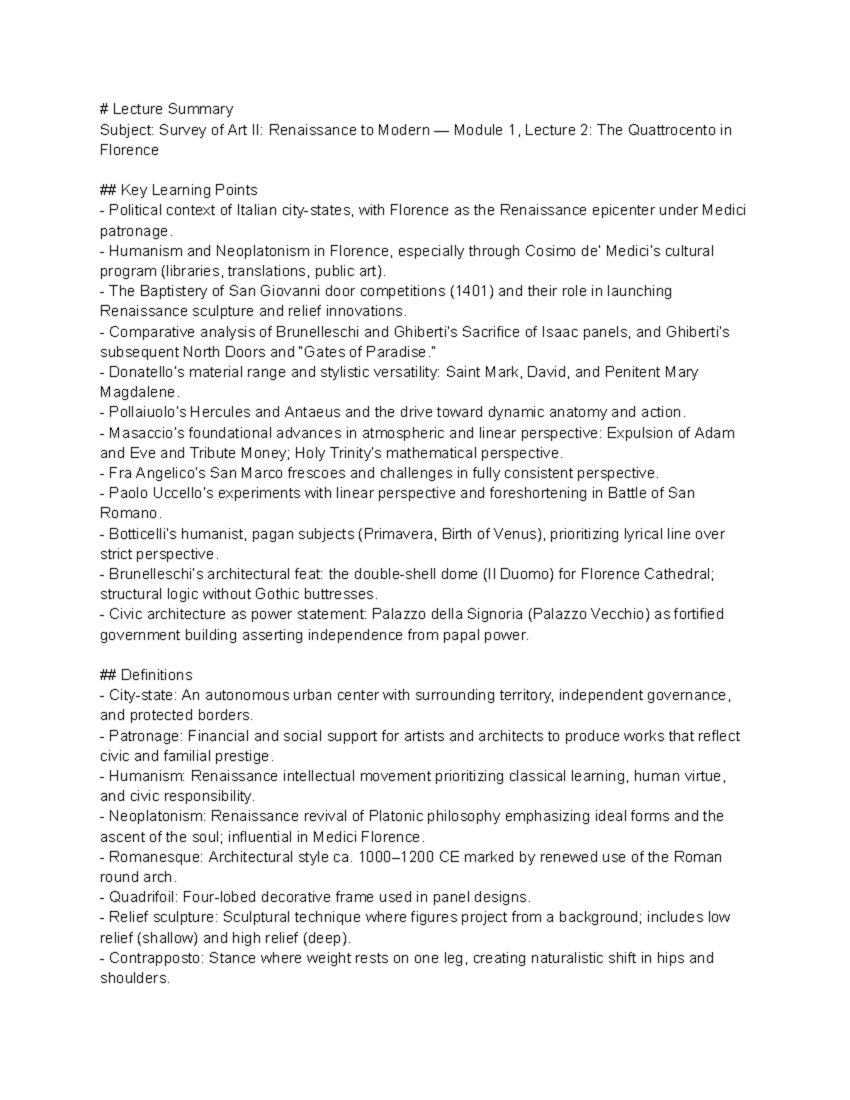 Lecture Summary: Survey of Art II (Module 1) - Florence in the Early ...