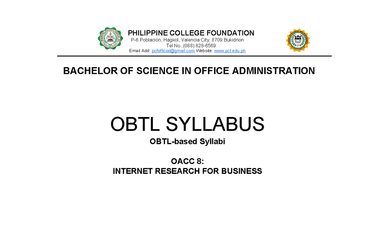 OBTL Syllabus for OACC 8: Internet Research for Business Course - Studocu