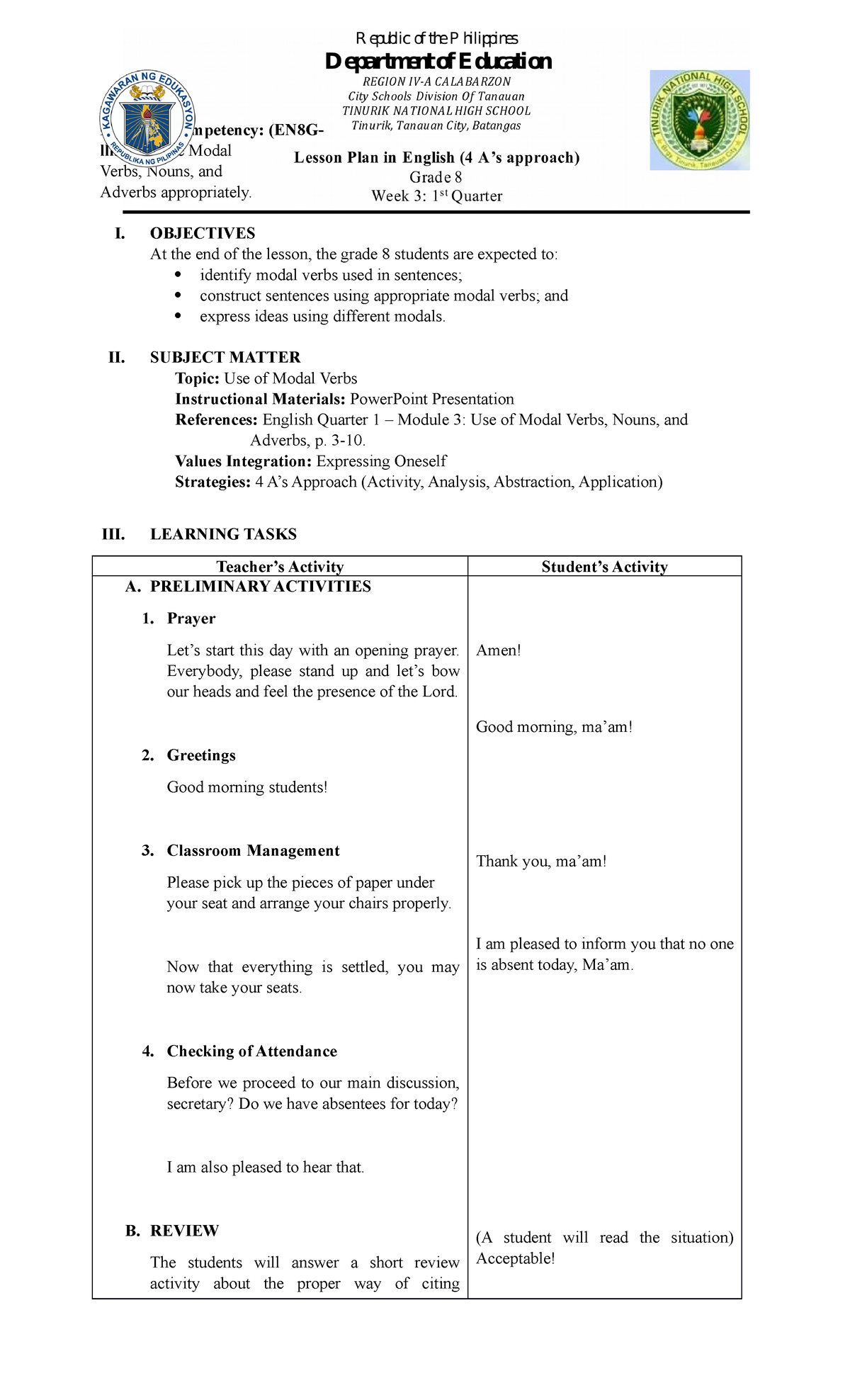 Use of Modal Verbs Lesson Plan (EN8G-llla-3.6) for Q1 - Studocu