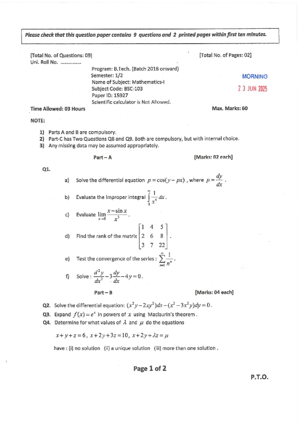 Math 1 Exam Paper - B.Tech. (Batch 2018) - 23 June 2025 - Studocu