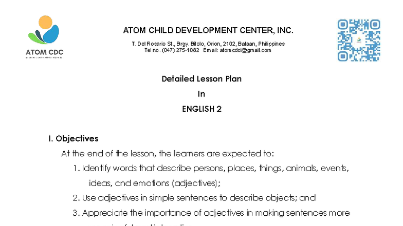 DLP in English 2: Describing Words (Adjectives) Lesson Plan - Studocu