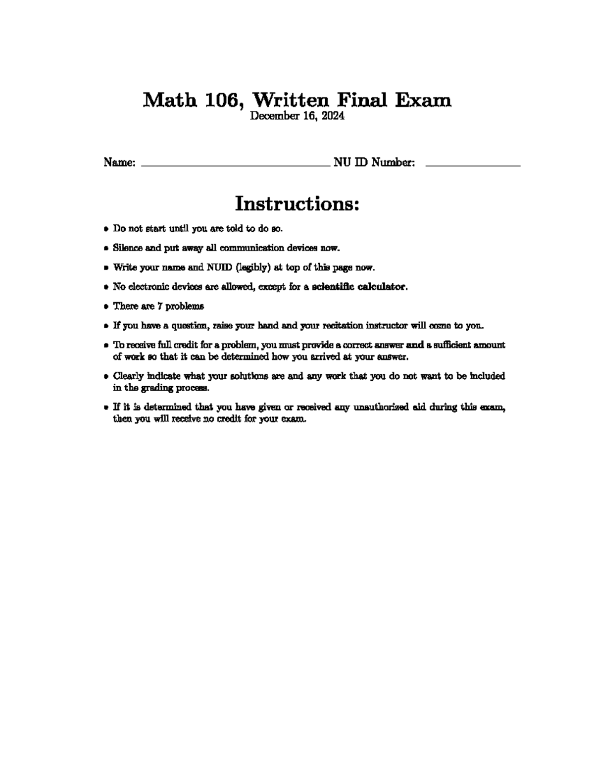 Math 106, Fall 2024 Written Final Exam Instructions and Problems - Studocu