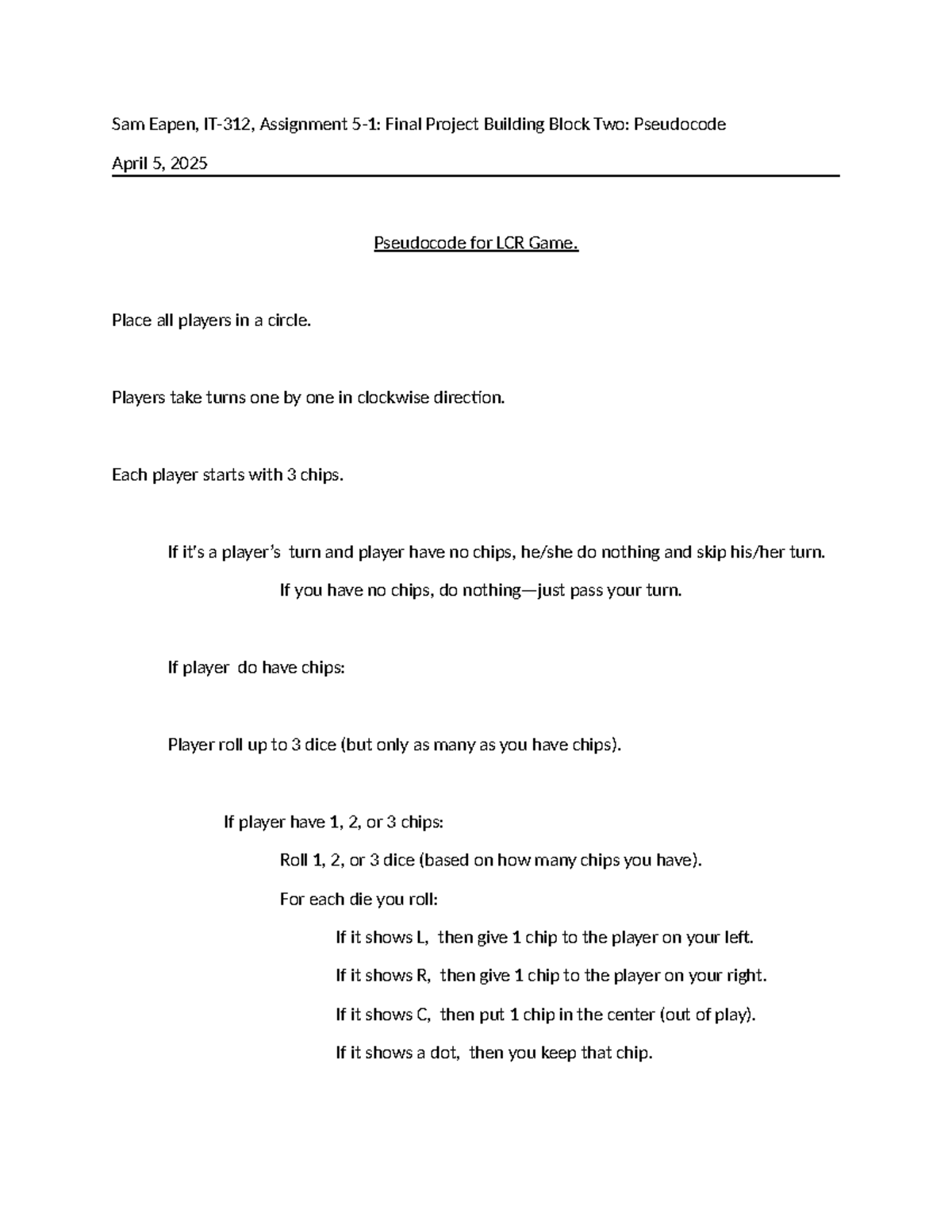 Final Project: Pseudocode for LCR Game (Course Code: SE-2025) - Studocu