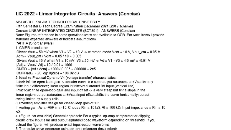 Lic2022 answers - solved paper - LIC 2022 - Linear Integrated Circuits: Answers (Concise) APJ ...