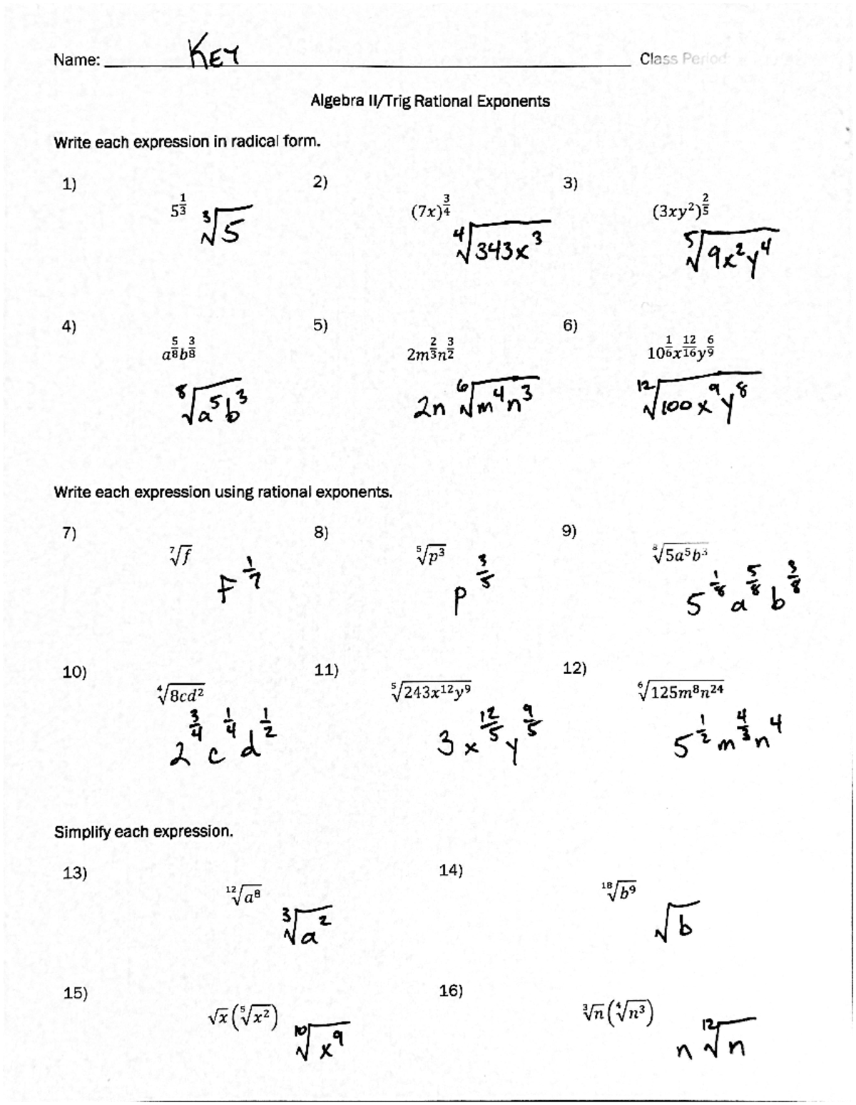 Algebra Unit 4 Lesson 3 Assignment Key: Rational Exponents ...
