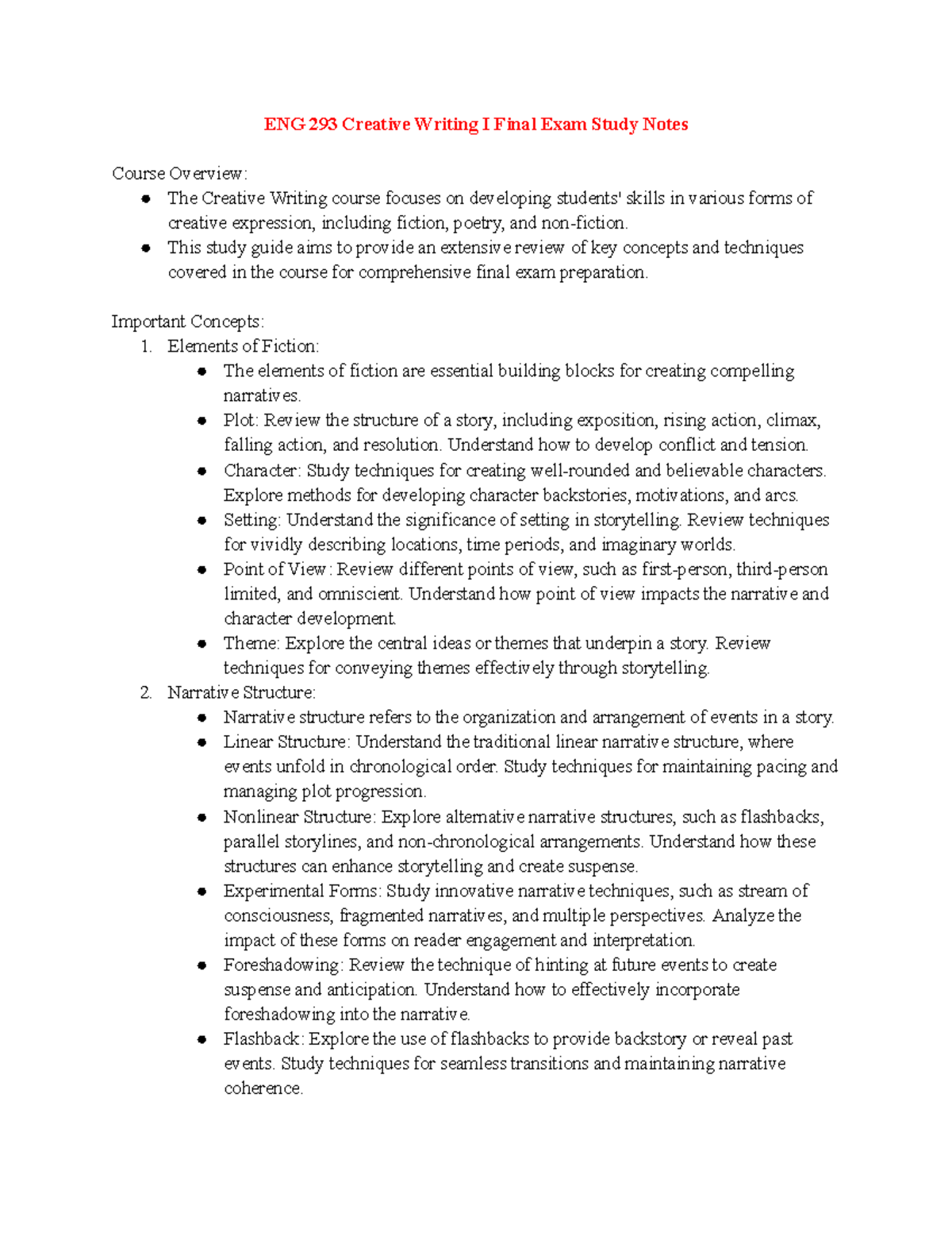 ENG 293 Creative Writing I Final Exam Study Guide & Tips - Studocu