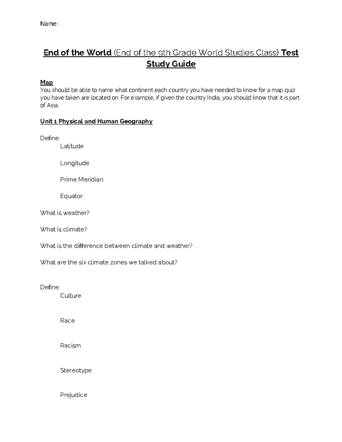 9th Grade World Studies: End of Year Comprehensive Test Guide - Studocu
