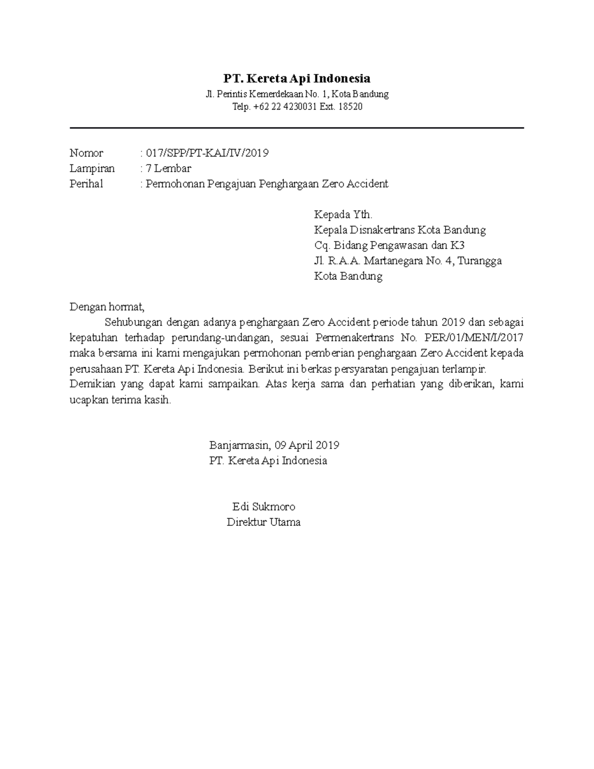 Contoh Surat Permohonan Zero Accident oleh Perusahaan BUMN - PT. Kereta ...