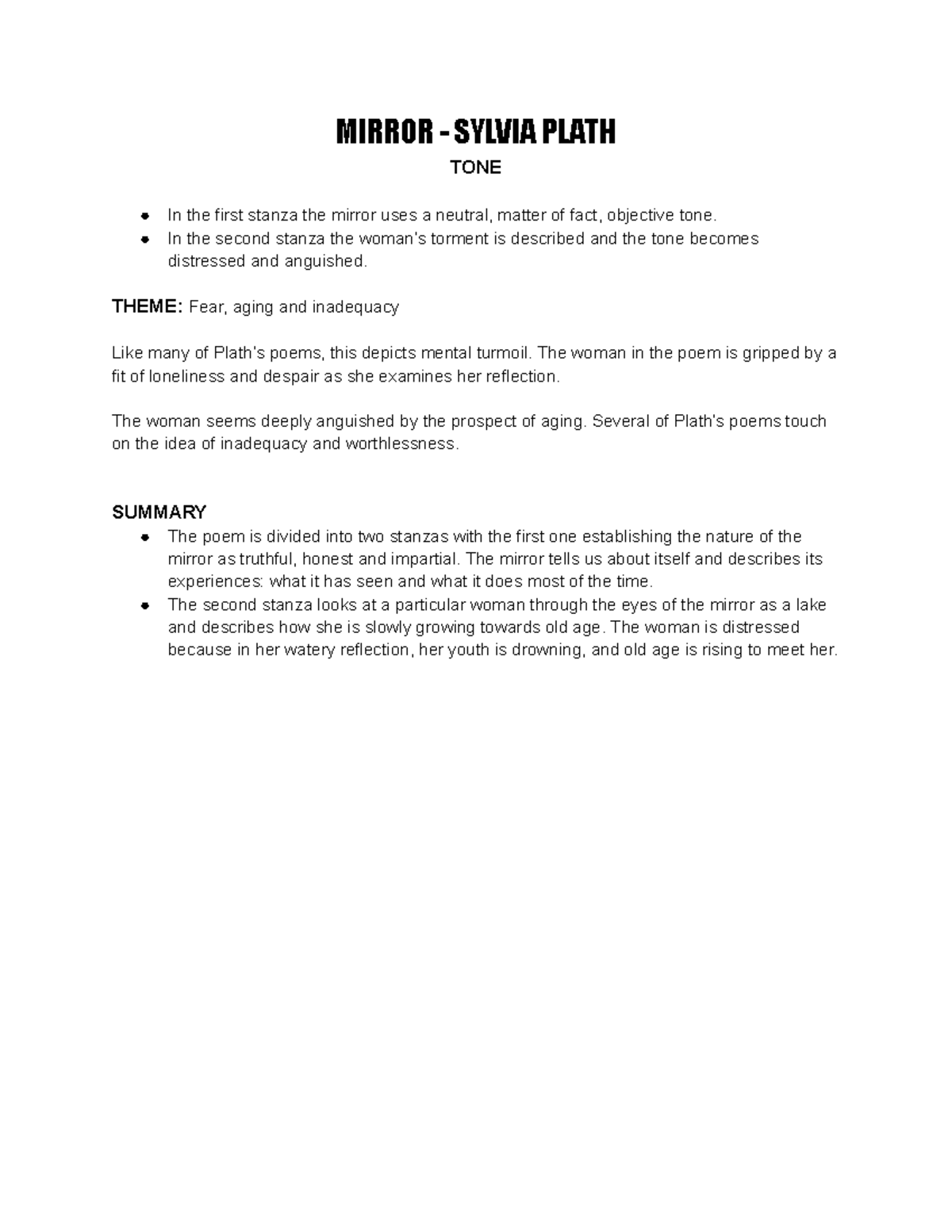 Analysis of "Mirror" by Sylvia Plath: Themes, Tone, and Stanzas - Studocu