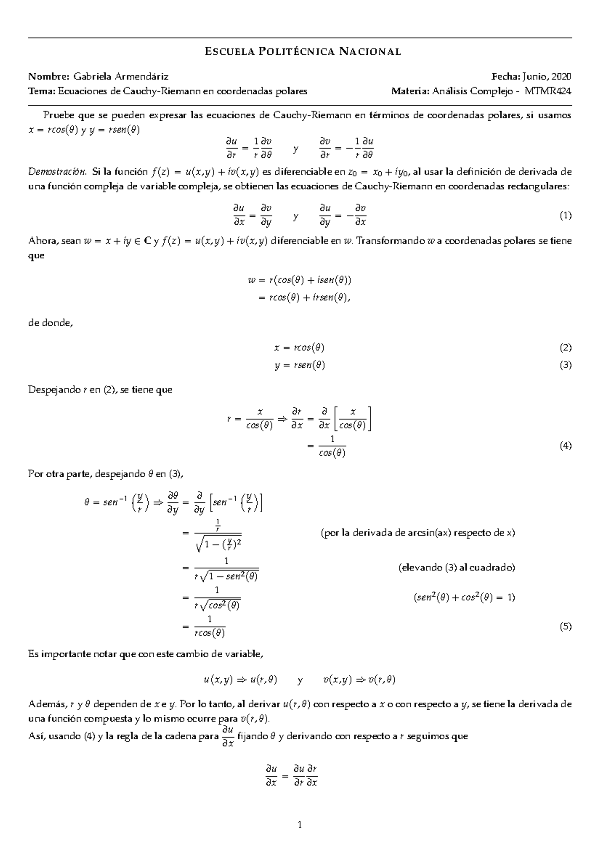 Demostración de Ecuaciones de Cauchy-Riemann en Coordenadas Polares ...
