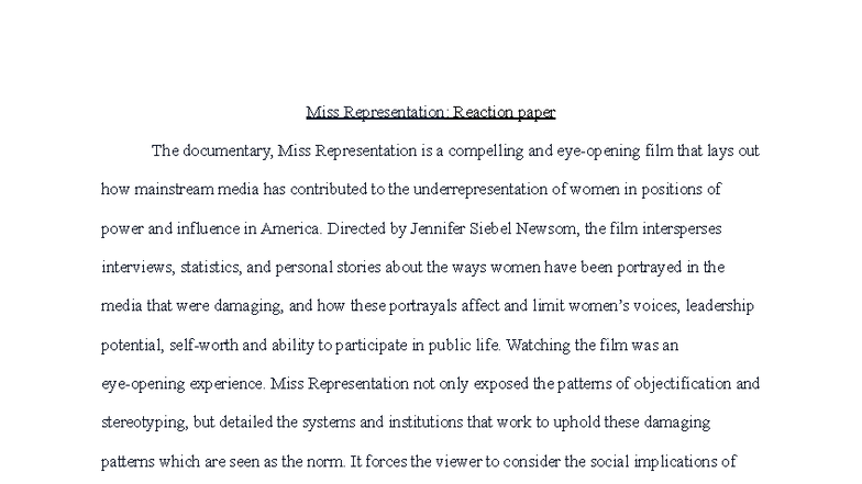 Miss Representation: Critical Reaction Paper Analysis - Studocu