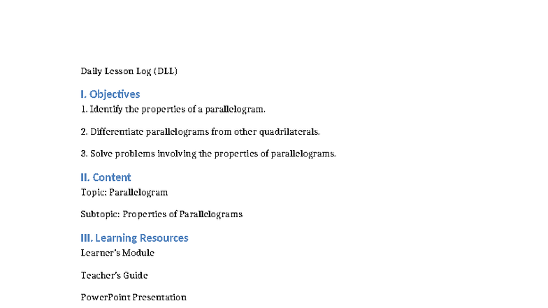 DLL: Properties of Parallelograms - Grade 9 Lesson Plan - Studocu