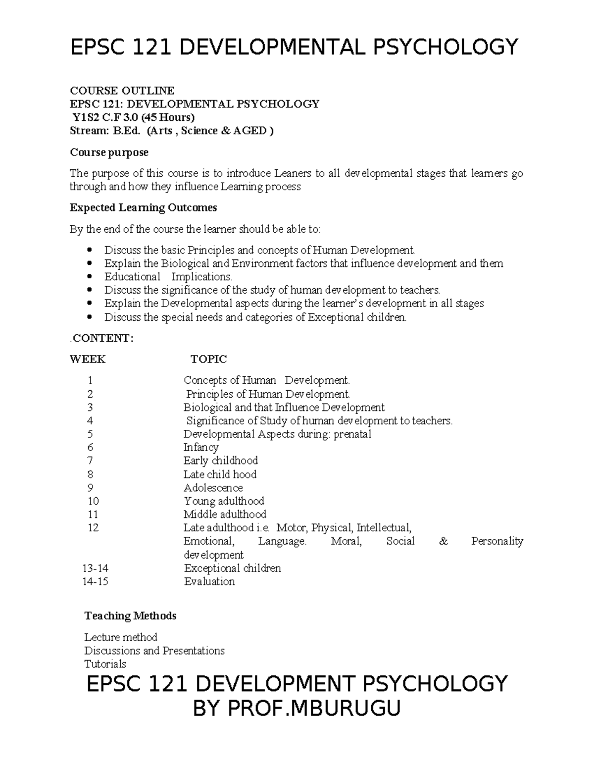 EPSC 121 Developmental Psychology Lesson 2 & 3 Overview - JAN 2025 ...