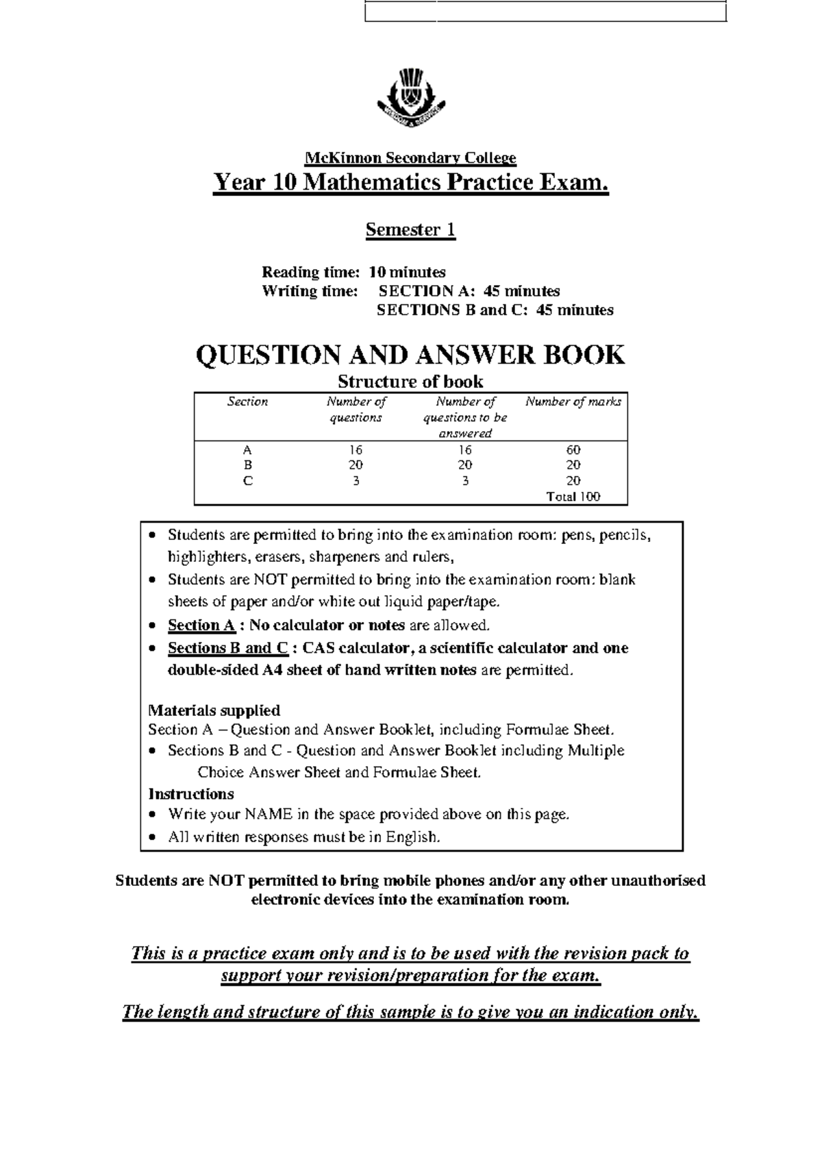 Year 10 Practice Exam Sem 1 - McKinnon Secondary College Year 10 ...