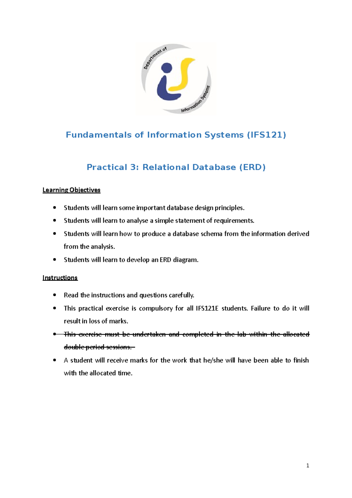 IFS 121E Practical 3: ERD Design and Database Schema Creation - Studocu