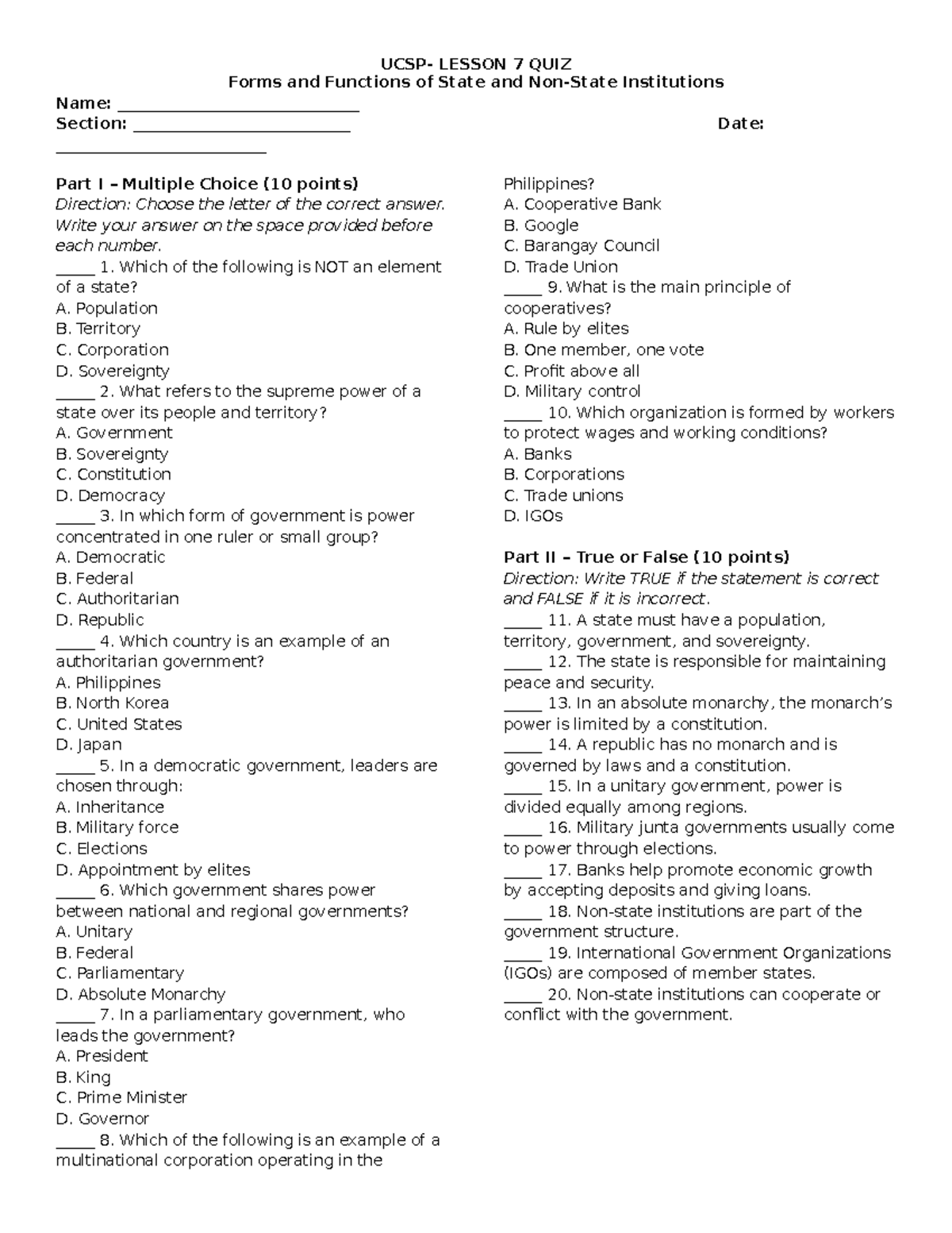 UCSP - Lesson 7 Quiz: Forms and Functions of State and Institutions ...