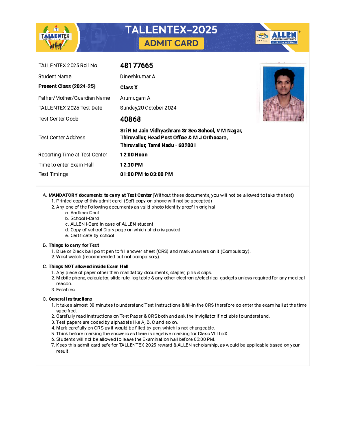 TALLENTEX 2025 Class X Admit Card Details and Instructions - Studocu