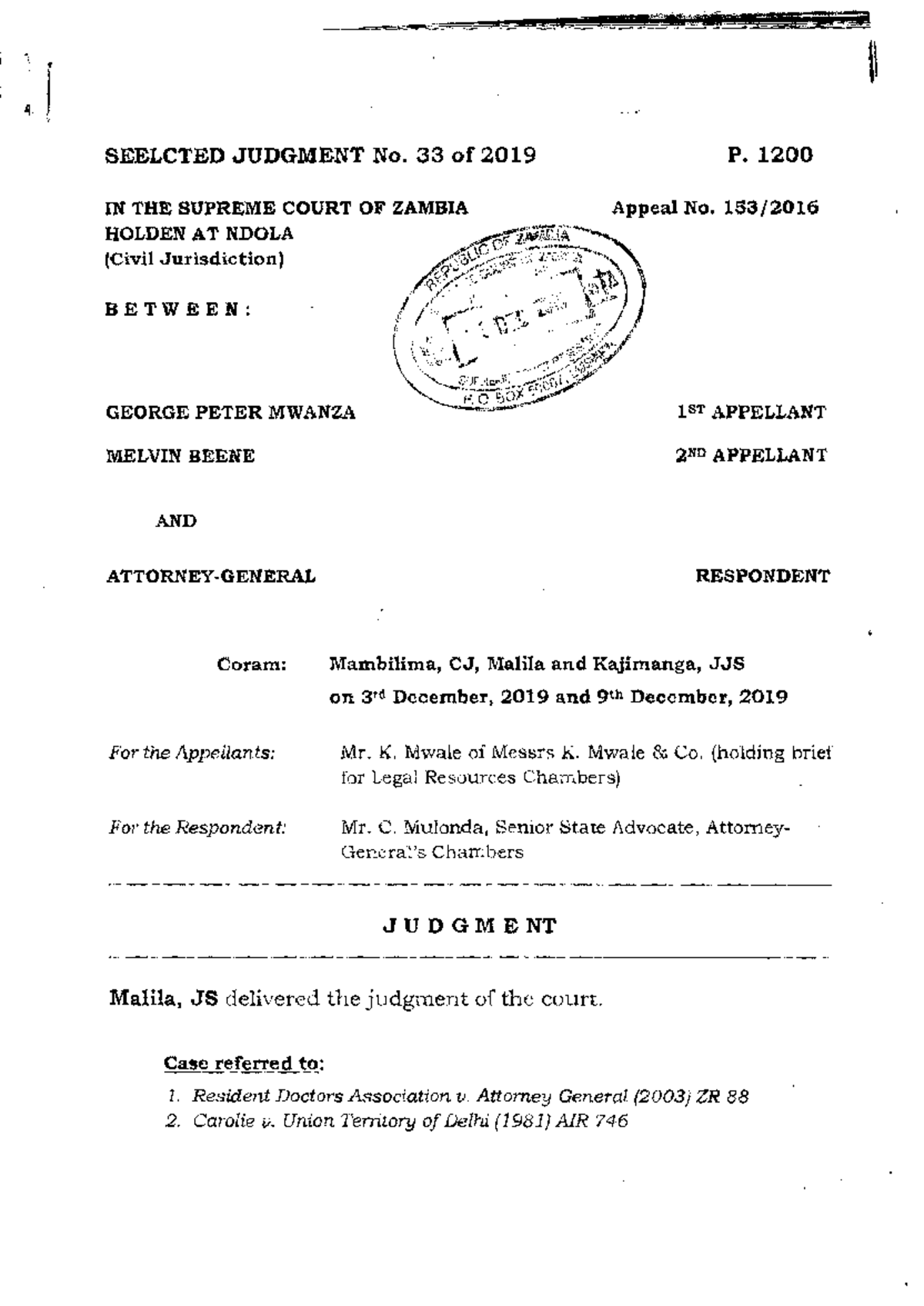 George Mwanza and Another v AG - SEELCTED JUDGMENT No. 33 of2019 P ...