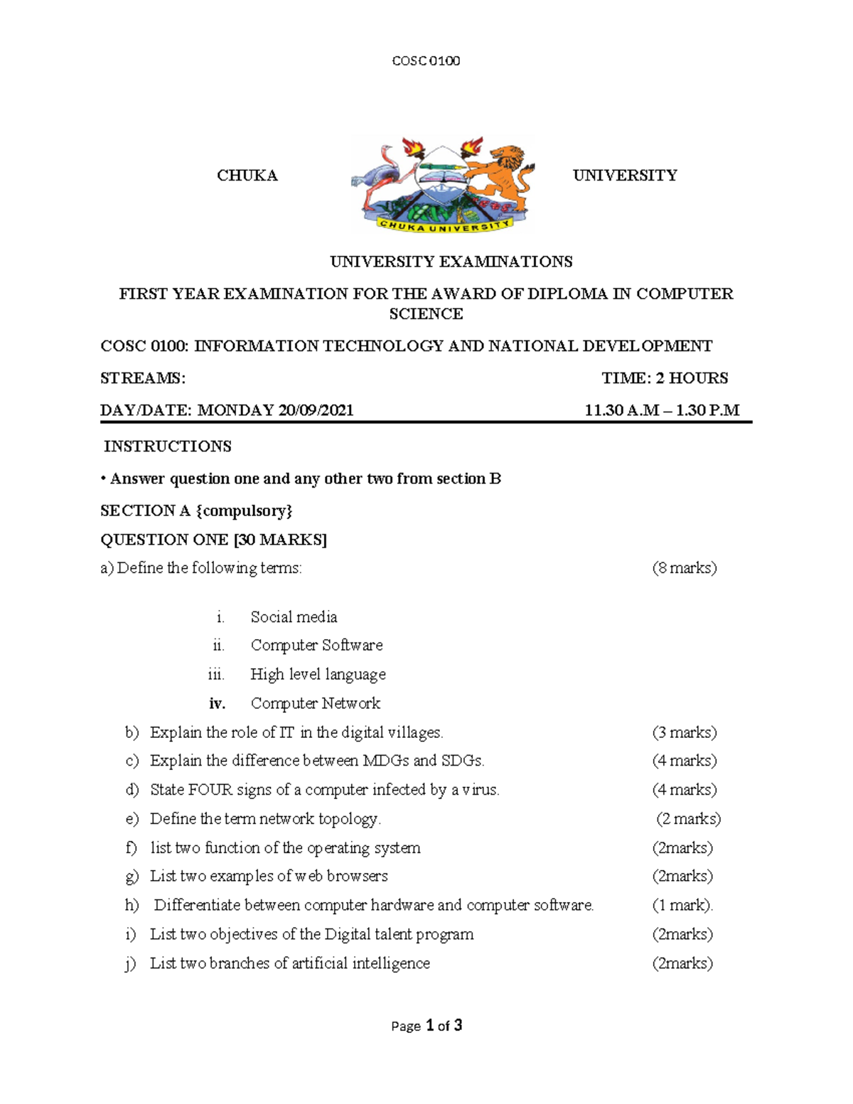Cosc 0100 Computer Science Exams Cosc 0100 Chuka University University Examinations First