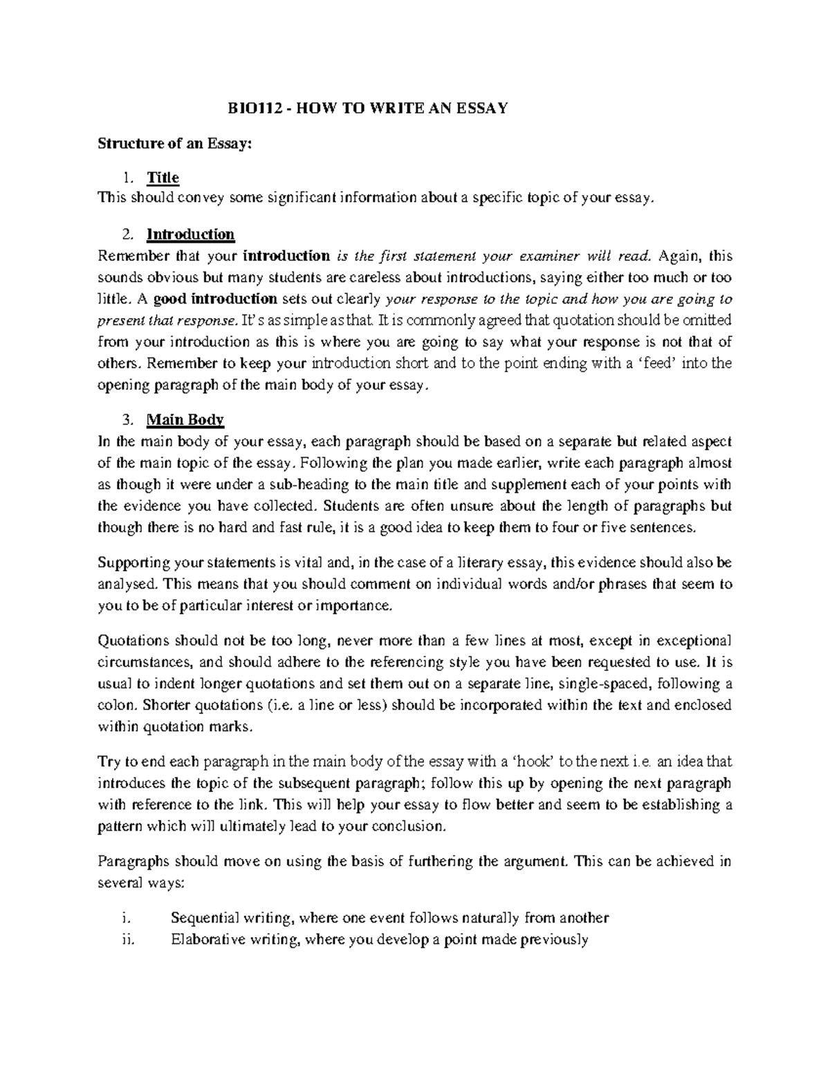 HOW TO Write AN Essay - BIO112 - HOW TO WRITE AN ESSAY Structure of an ...
