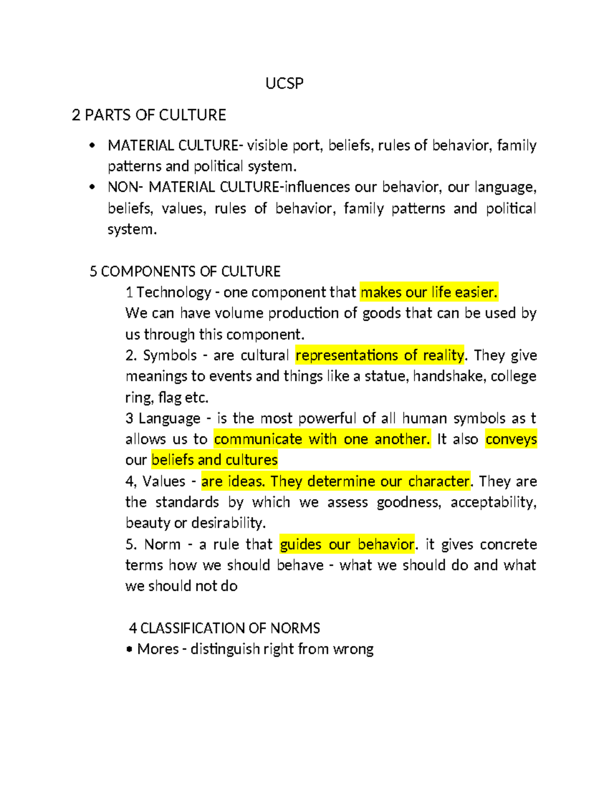 UCSP 2 Lecture Notes on Culture Components and Norms - Studocu
