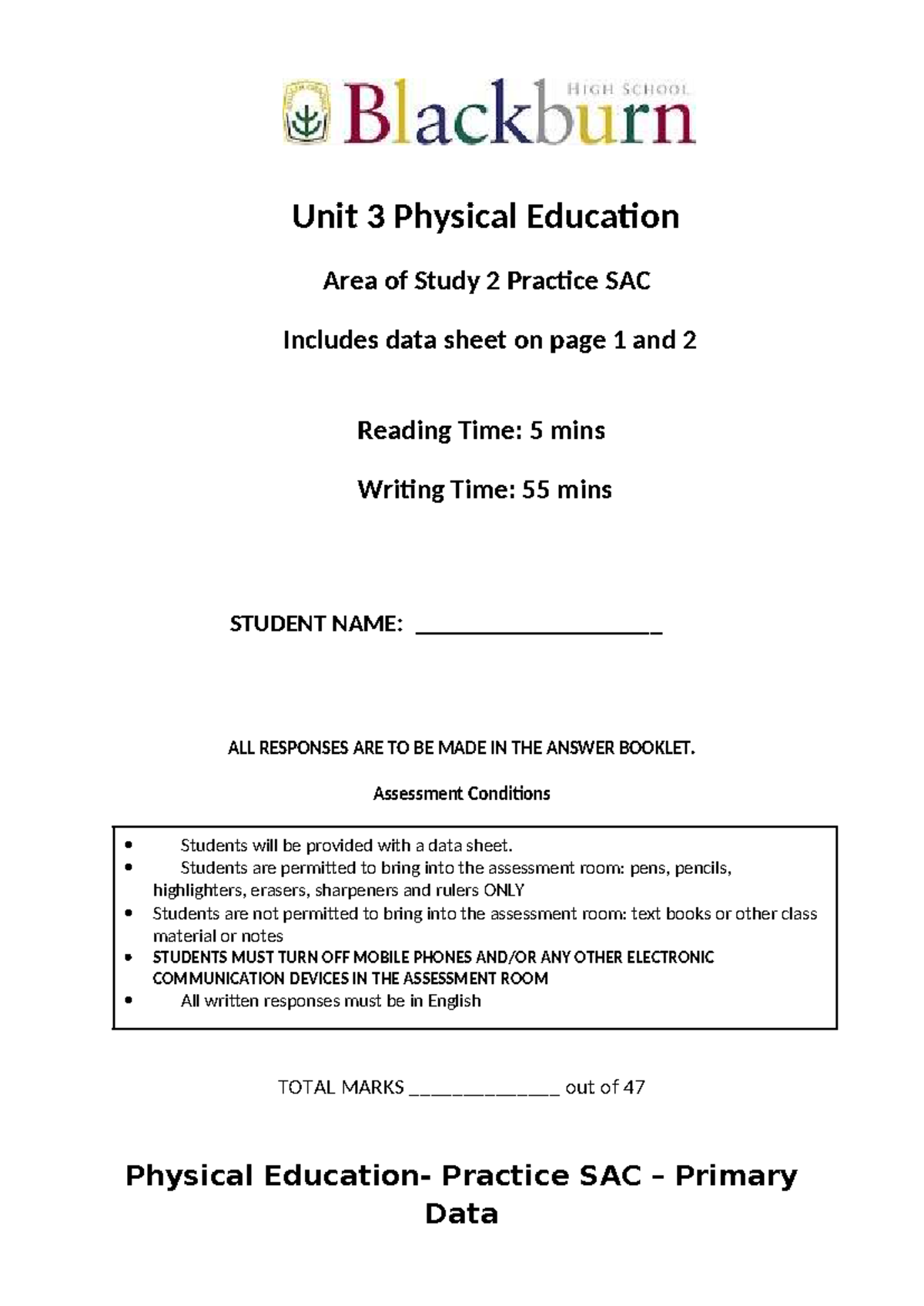 Unit 3 PE AOS2 Practice SAC: Data Analysis & Performance Insights - Studocu
