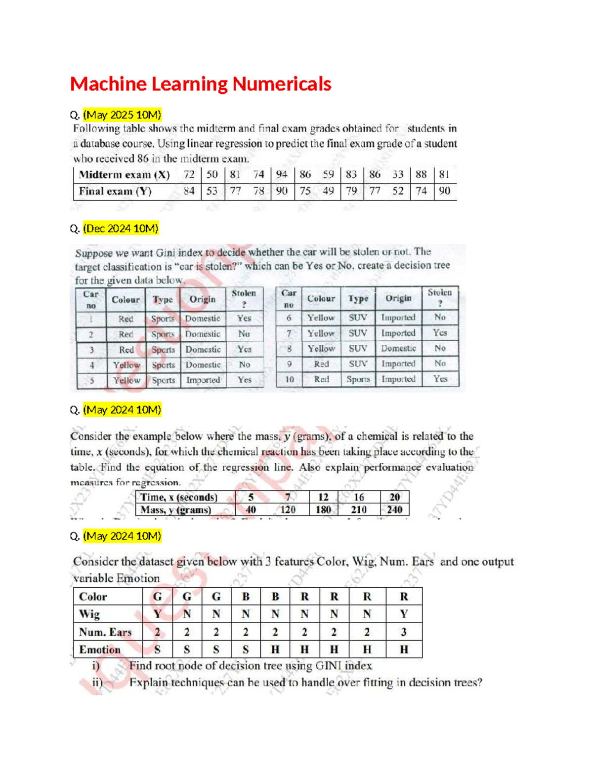 Machine Learning Numericals - (May 2025 10M) Q. (Dec 2024 10M) Q. (May ...