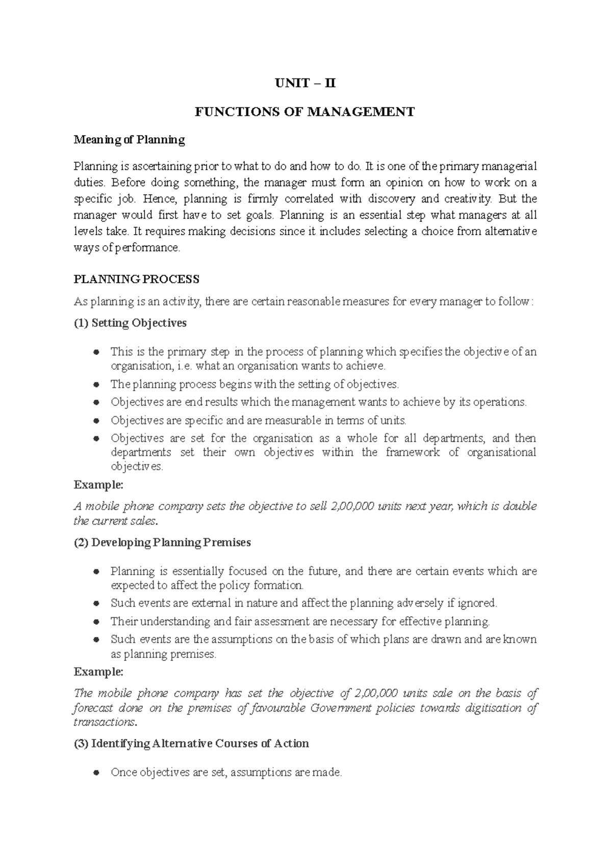 Final Notes on Management Functions: Planning & Decision Making (UNIT ...