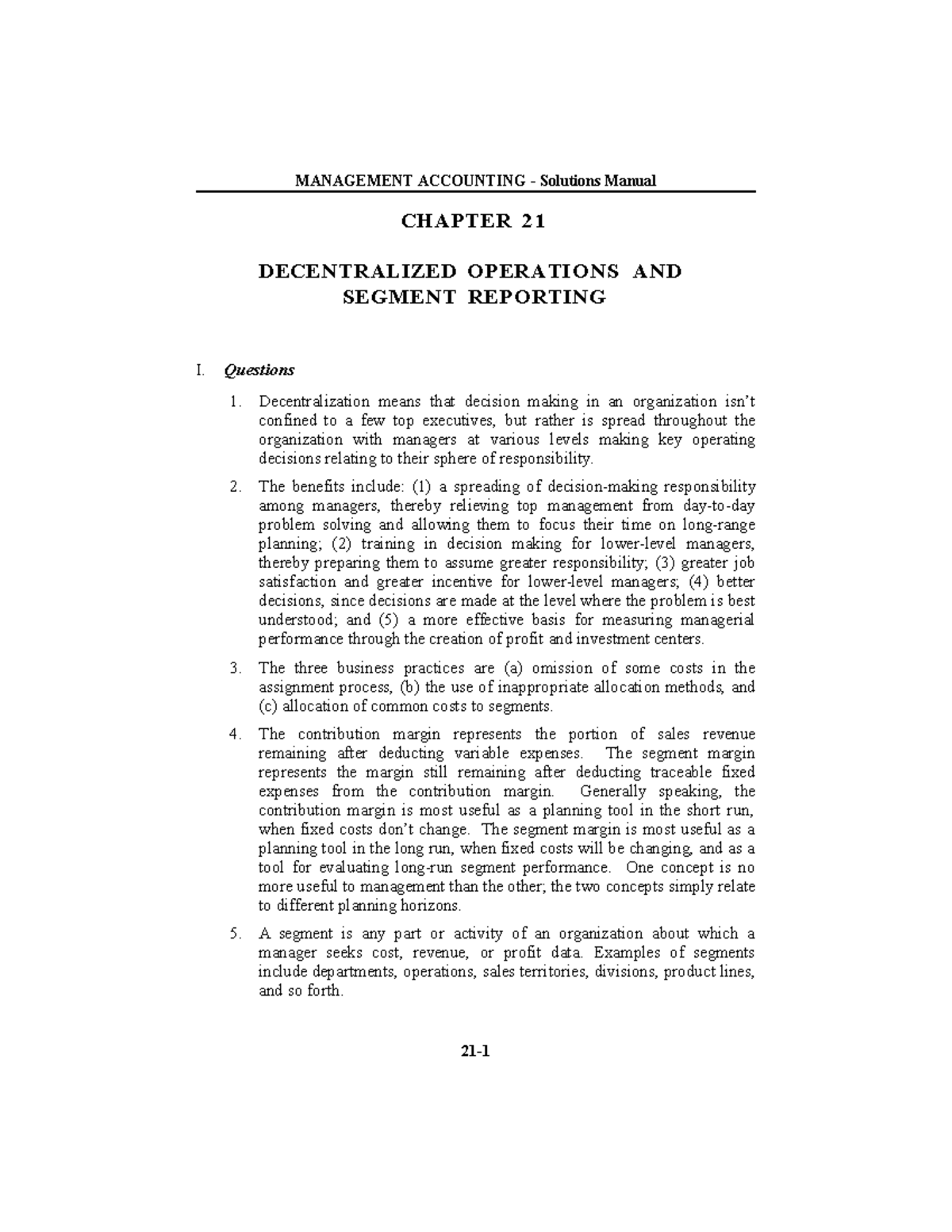 Management Accounting Decentralized Operations Segment Reporting Ch