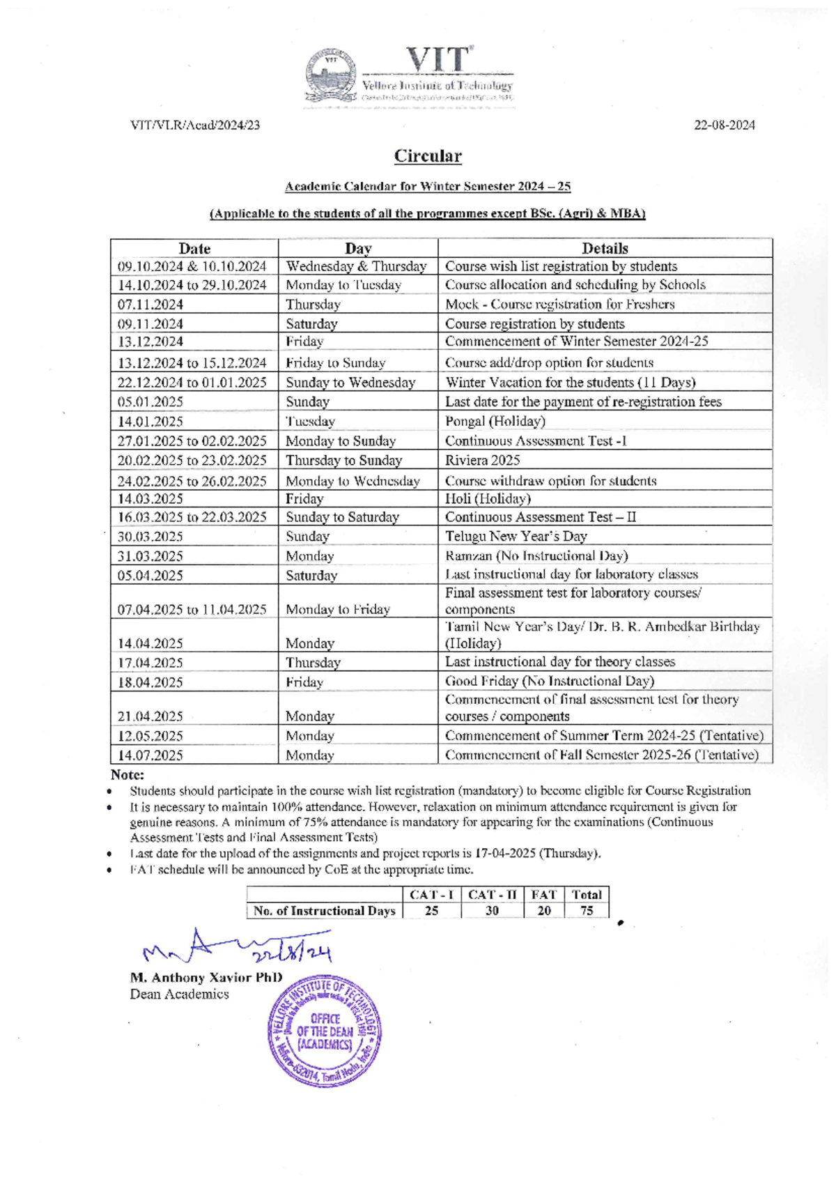 Winter Semester 2024-25 Academic Calendar - VIT Vellore University ...
