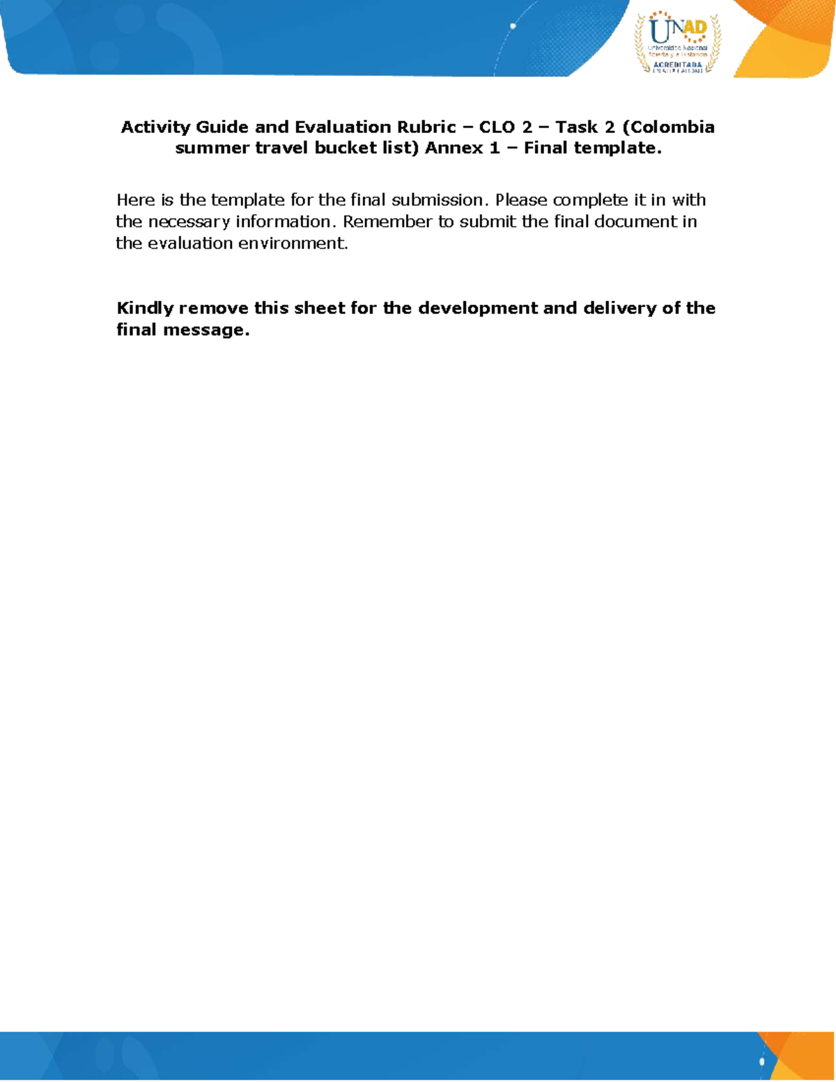 CLO 2 Task 2: Colombia Summer Travel Bucket List - Final Template - Studocu