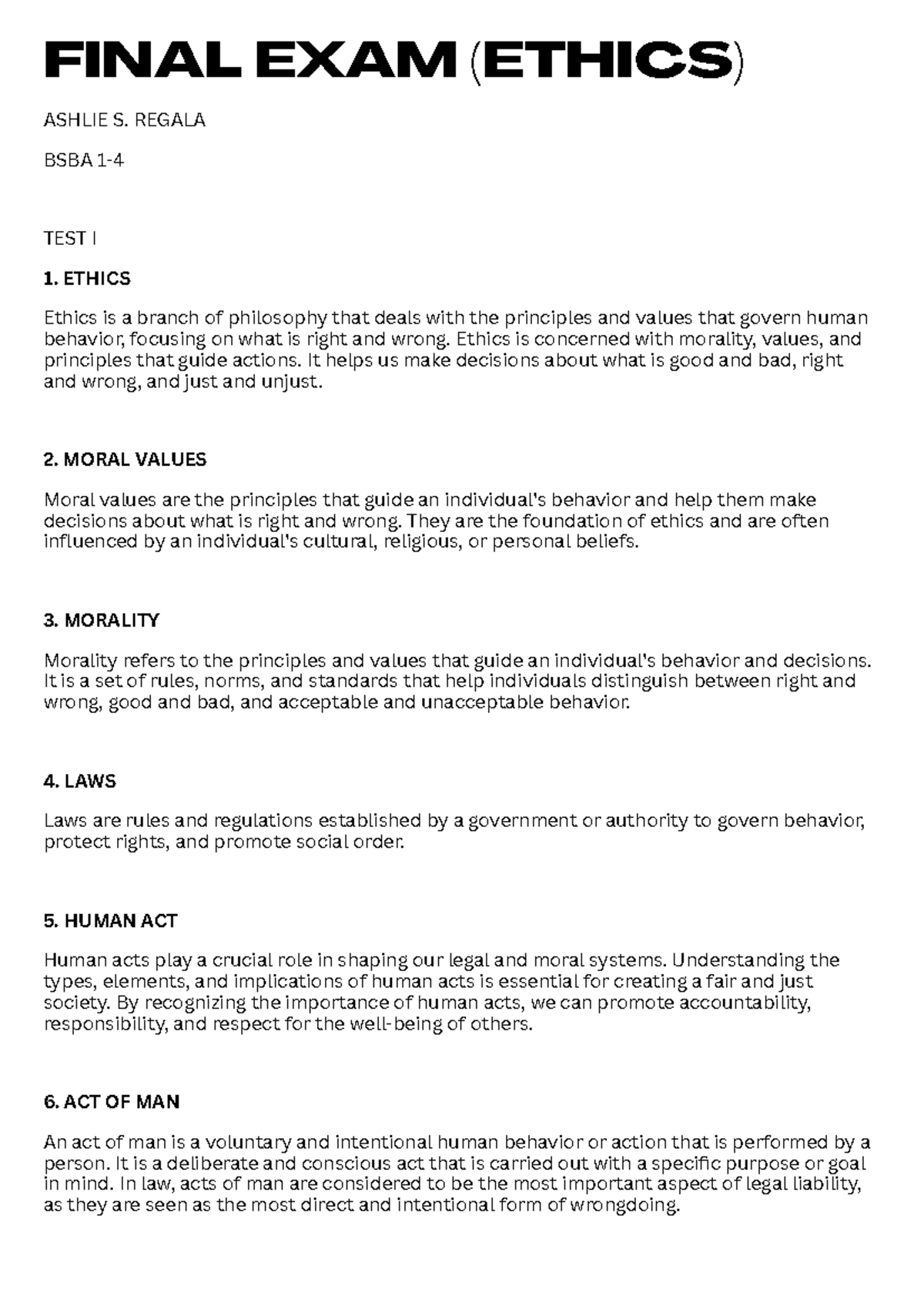 FINAL EXAM (ETHICS) BSBA TEST I & II: Key Concepts and Reflections ...