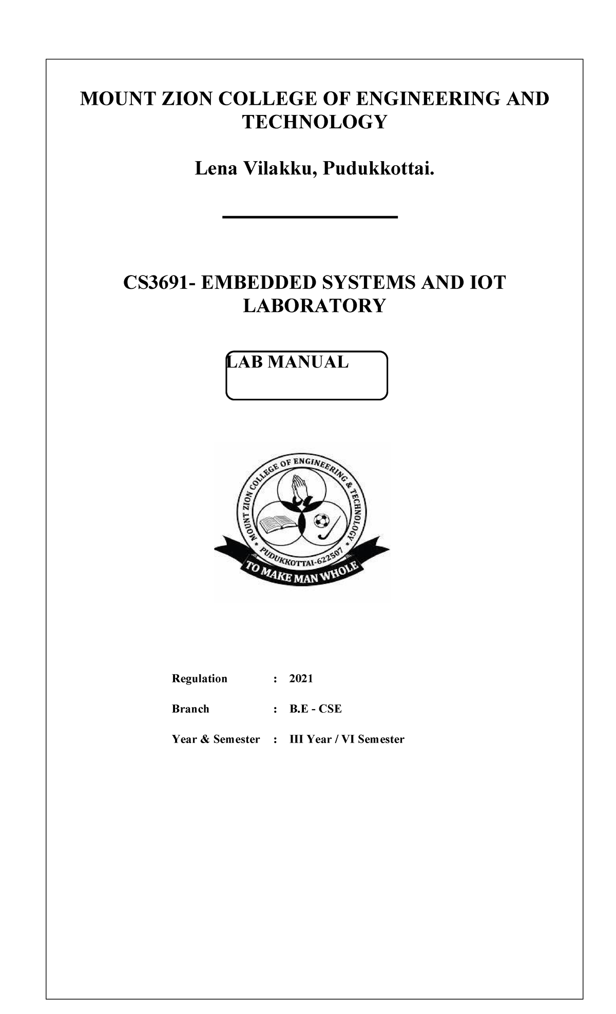 CS3691 - Embedded Systems & IoT Lab Manual with Experiments and Procedures - Studocu