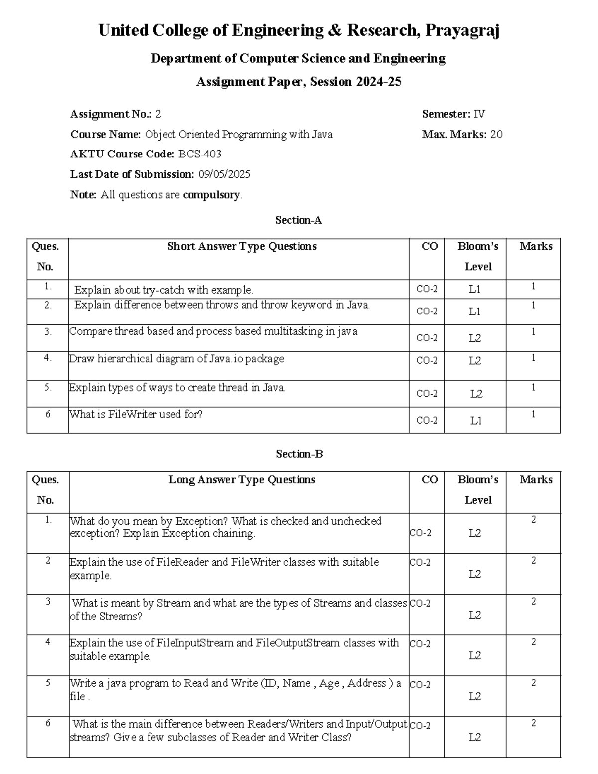 OOPS Assignment 2 - BCS 403: Object Oriented Programming with Java ...
