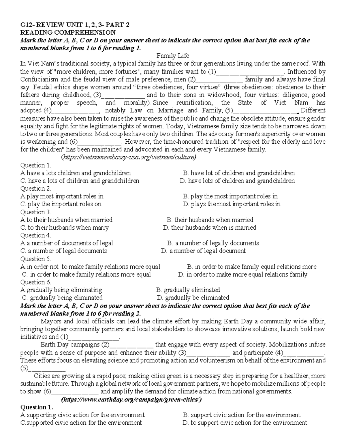 G12 - Review Unit 1, 2, Part 2: Reading Comprehension Exercises - Studocu