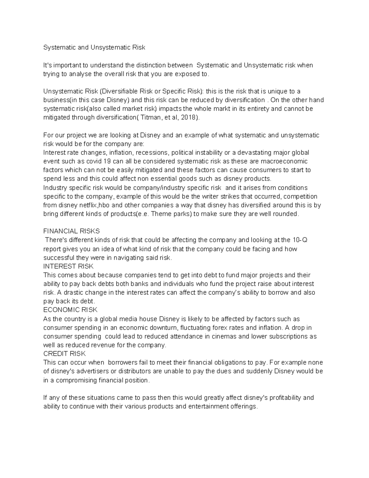 Financial Risk Analysis: Systematic vs. Unsystematic Risk in Disney ...