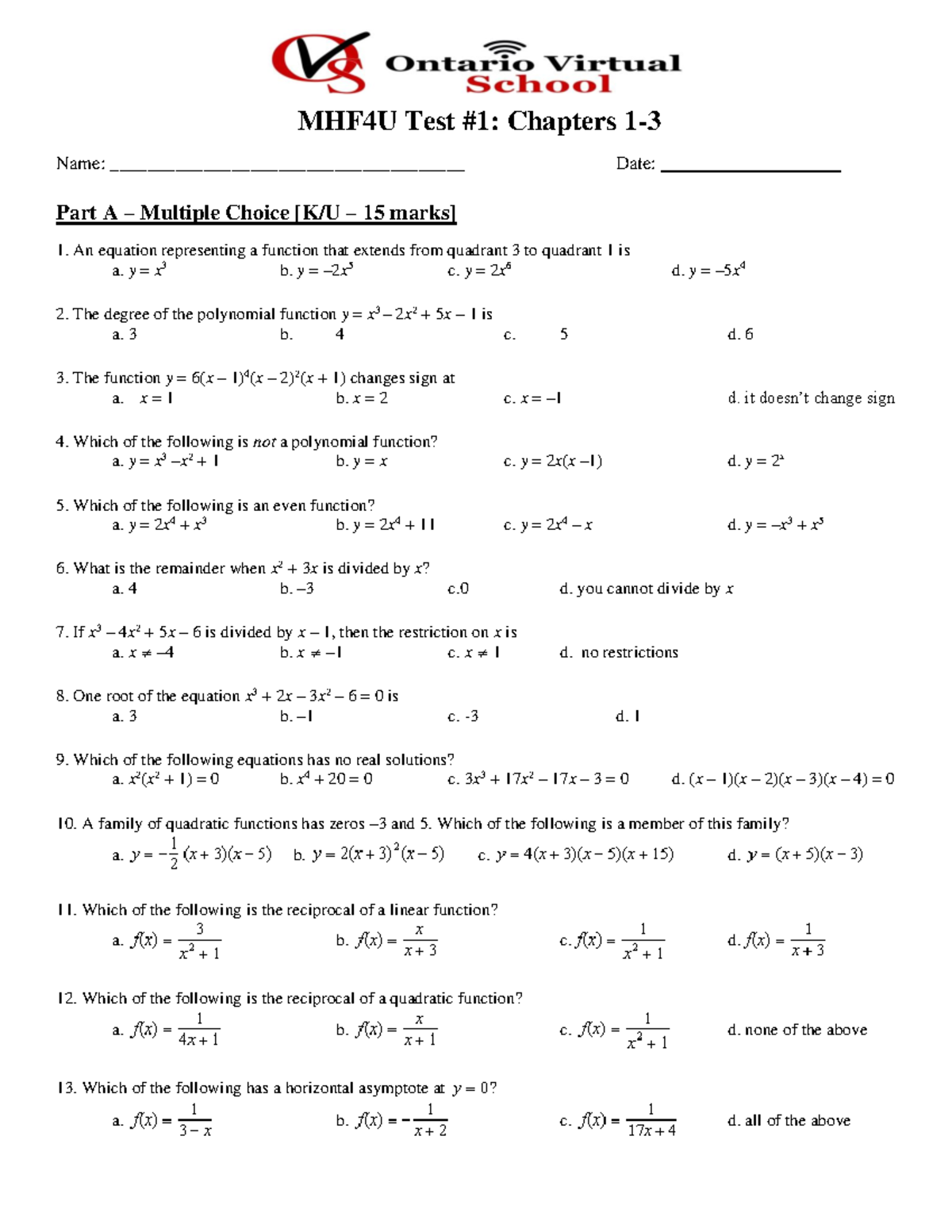 Gr.12 MHF4U Advanced Functions Test 1 - September 2023 - Studocu