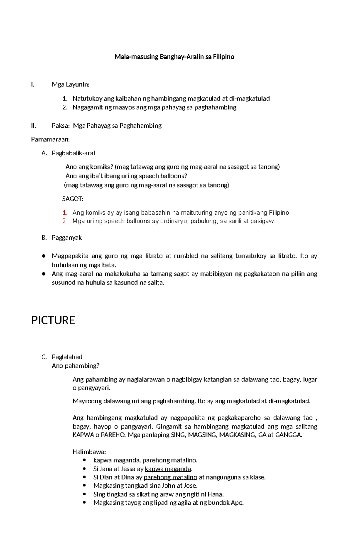 Banghay Aralin SA Filipino: Paghahambing ng Magkatulad at Di-Magkatulad ...