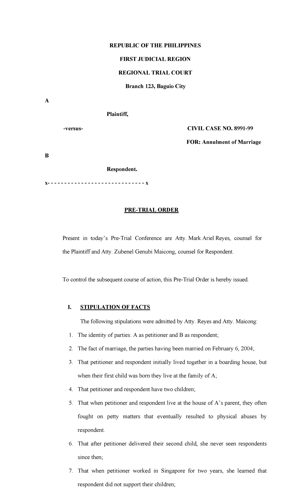 Pre-Trial Brief on Nullity of Marriage - Civil Case No. 8991- - Studocu