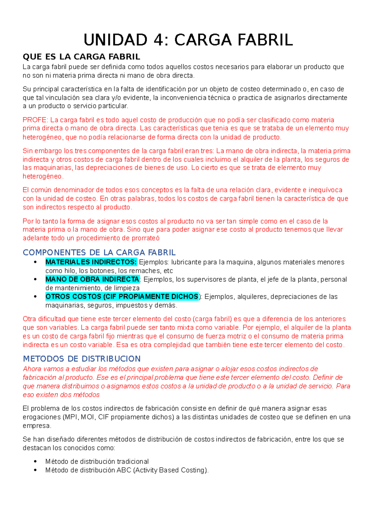 Unidad 4: Carga Fabril y Métodos de Distribución de Costos Indirectos ...