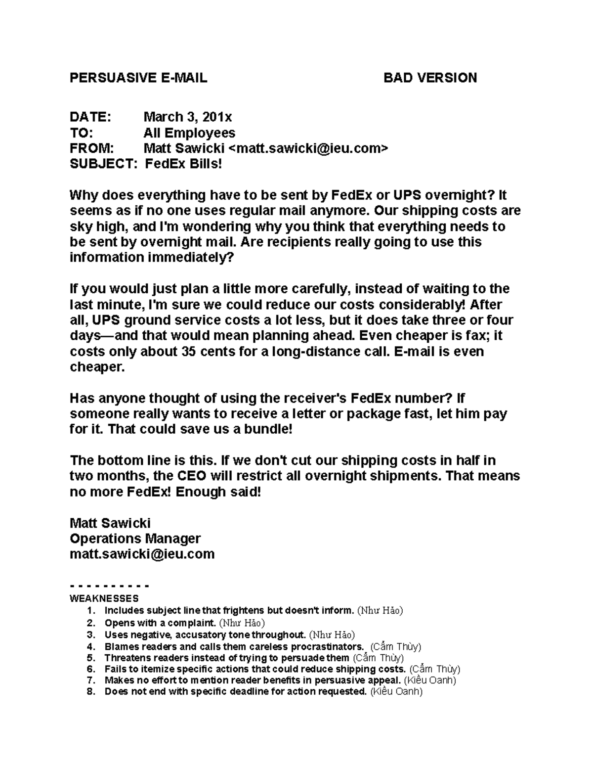 Persuasive Email Student - BAD Version - PERSUASIVE E-MAIL BAD VERSION ...