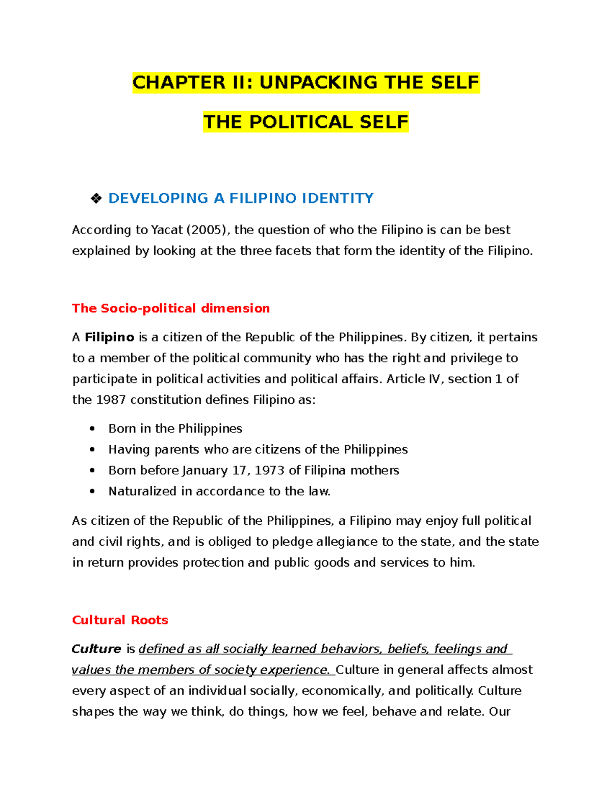 Chapter II: Unpacking the Political Self and Filipino Identity - Studocu