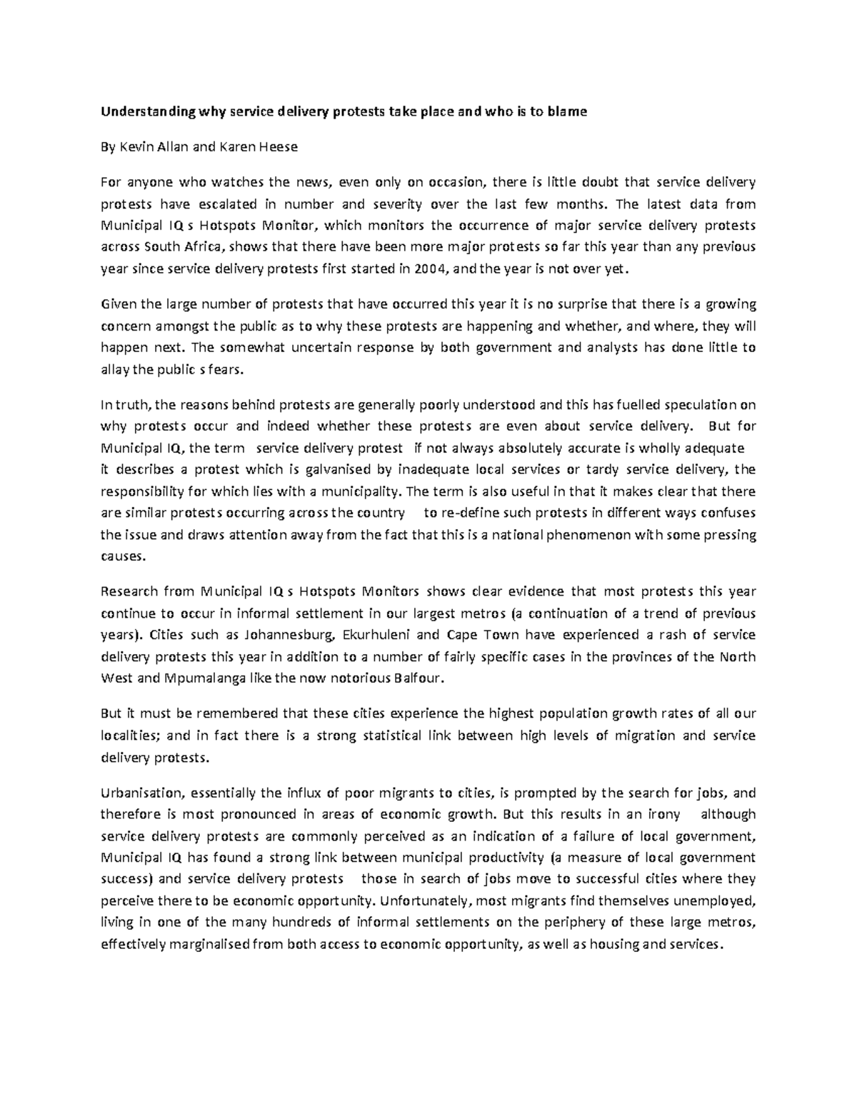 Understanding why service delivery protests take place and who is to ...