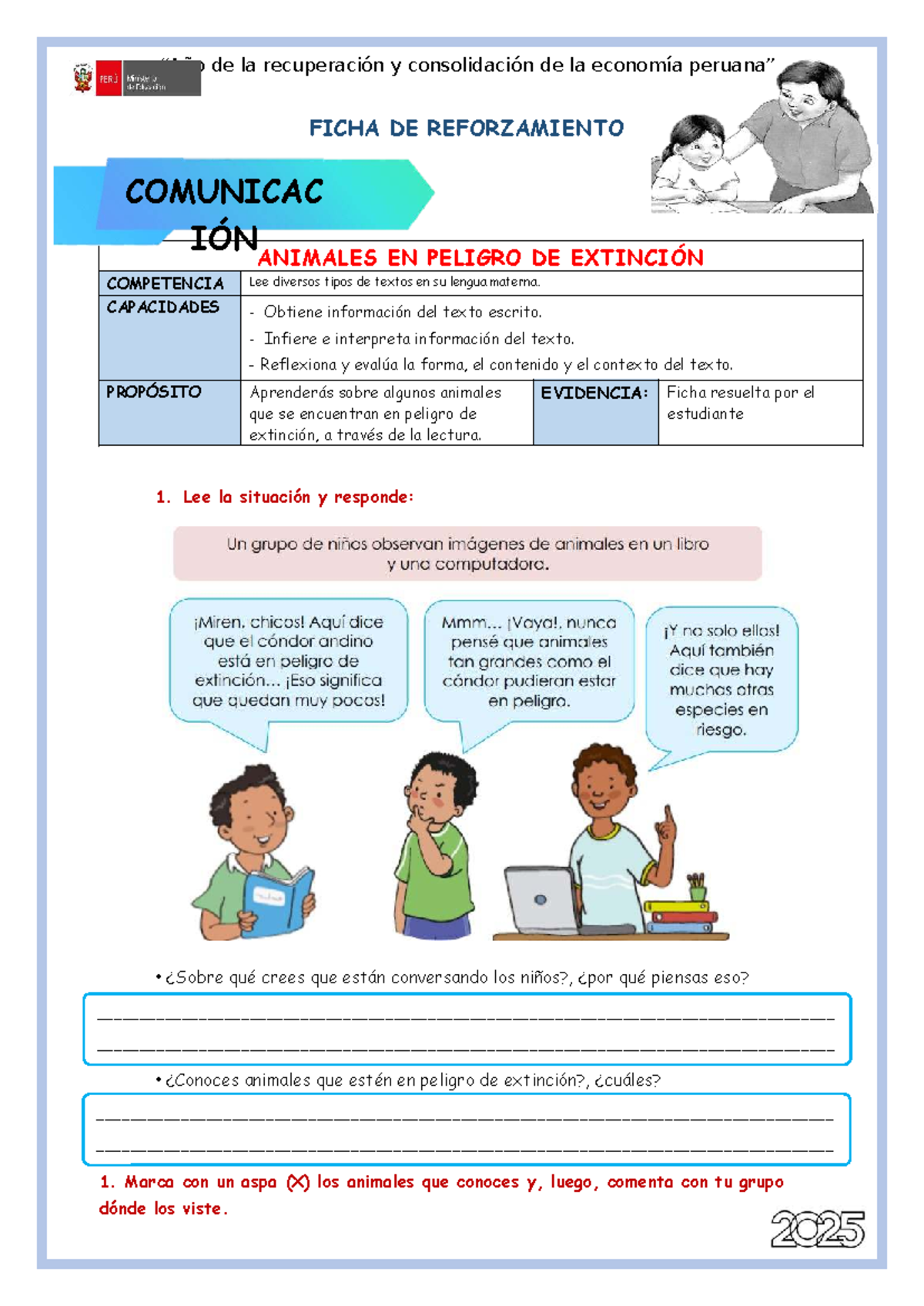 FICHA DE REFORZAMIENTO: Animales en Peligro de Extinción 933623393 ...