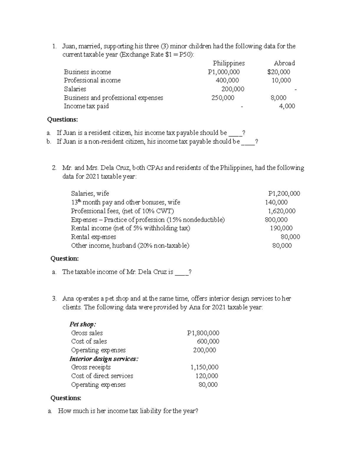 Midterm Exam: Income Tax Practice Problems (Course Code: IT101) - Studocu