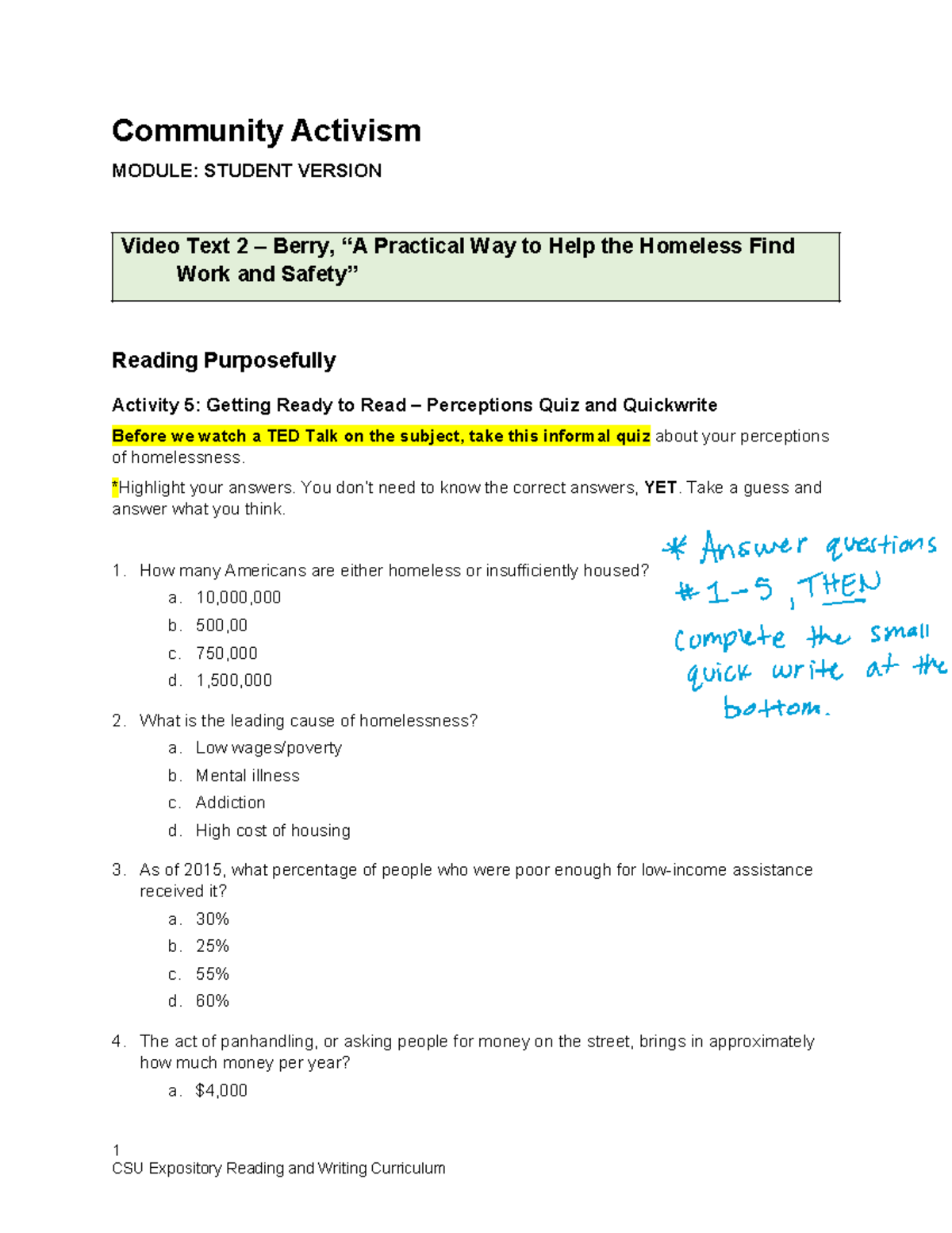 Community Activism - Activity 5: Perceptions Quiz and Quickwrite - Studocu