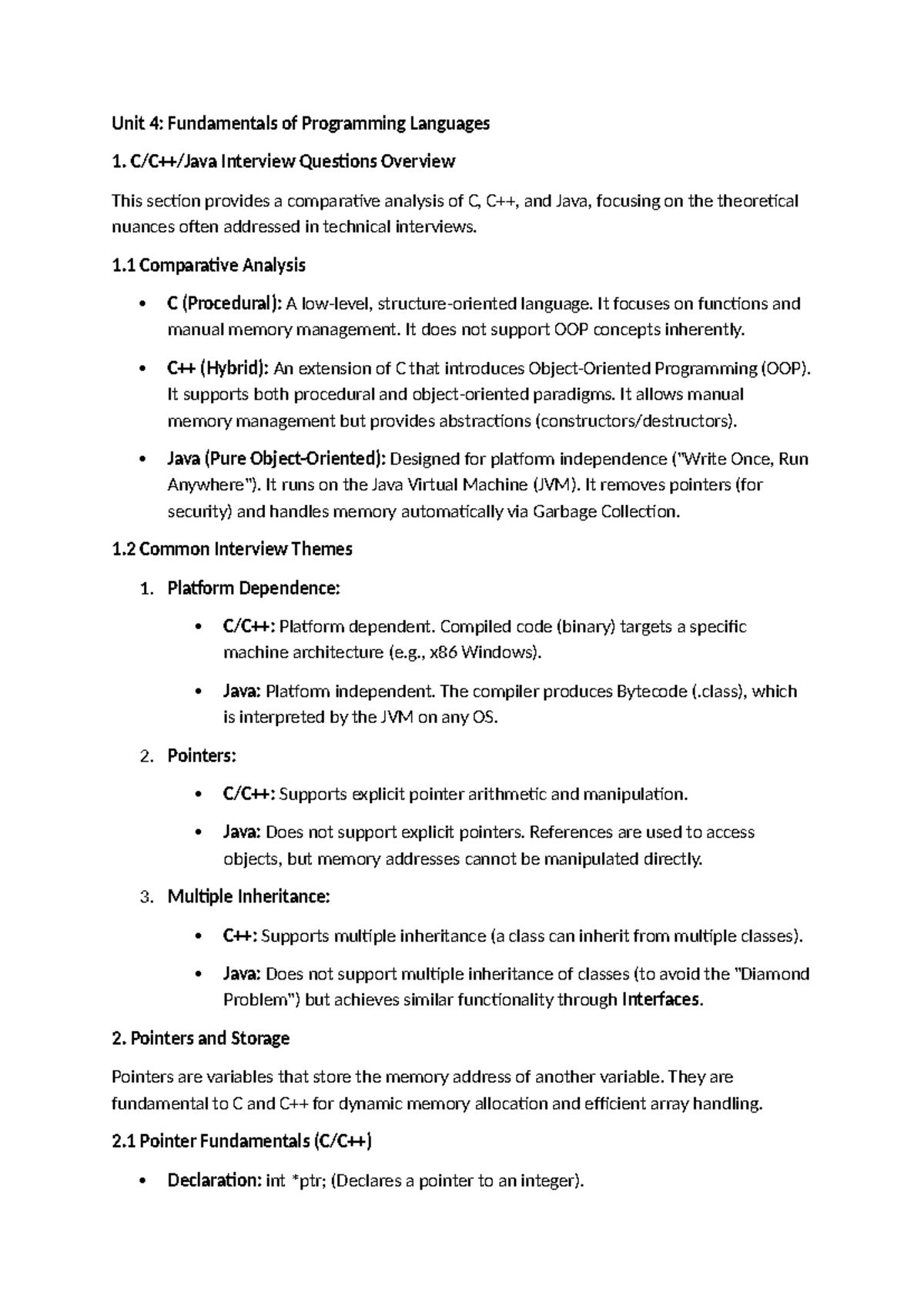 Unit 4: Programming Languages 1 - Interview Questions & Analysis - Studocu